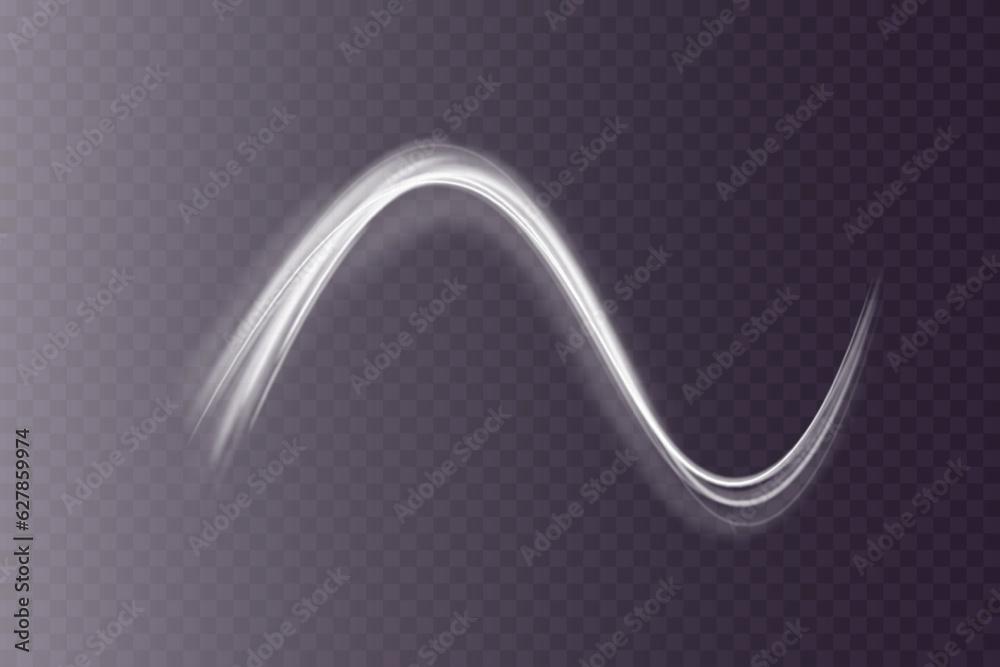 White light trails with motion blur effect, long exposure time vector. Linear magic glowing ...