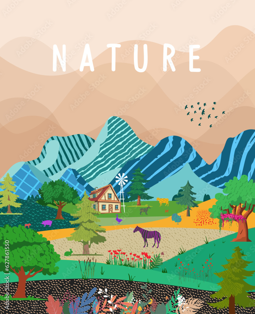 Nature and landscape. Vector illustration of mountains, trees, plants ...
