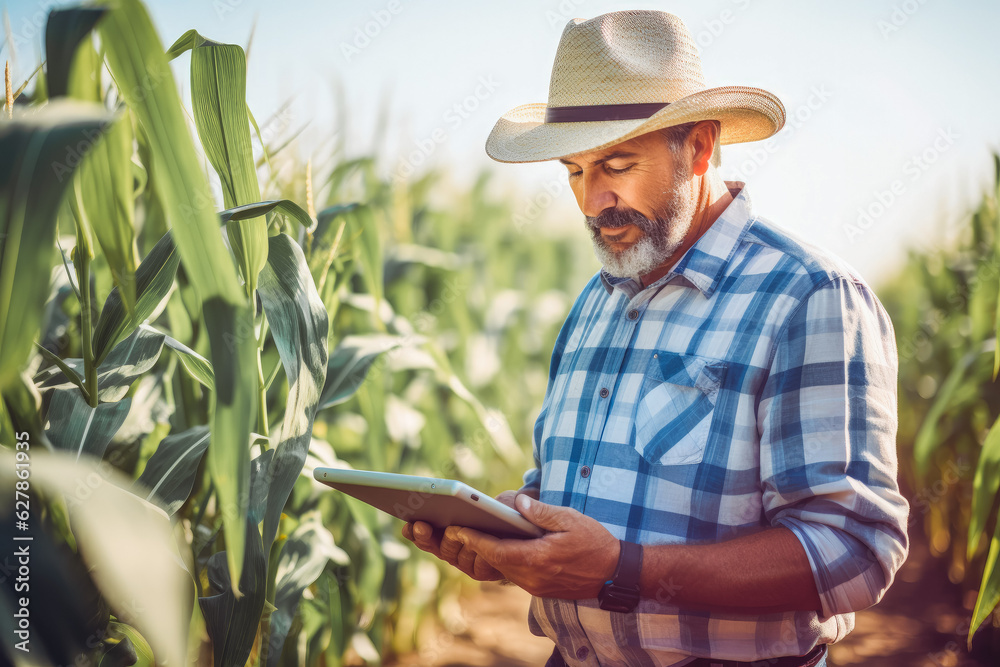 A modern farmer in a corn field using a digital tablet. Farming and ...