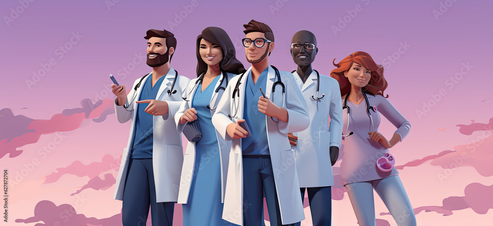 Cartoon character doctors, international team of healthcare ...