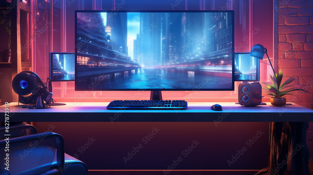 Gaming room with computer and wide monitor screen colorful neon lights ...