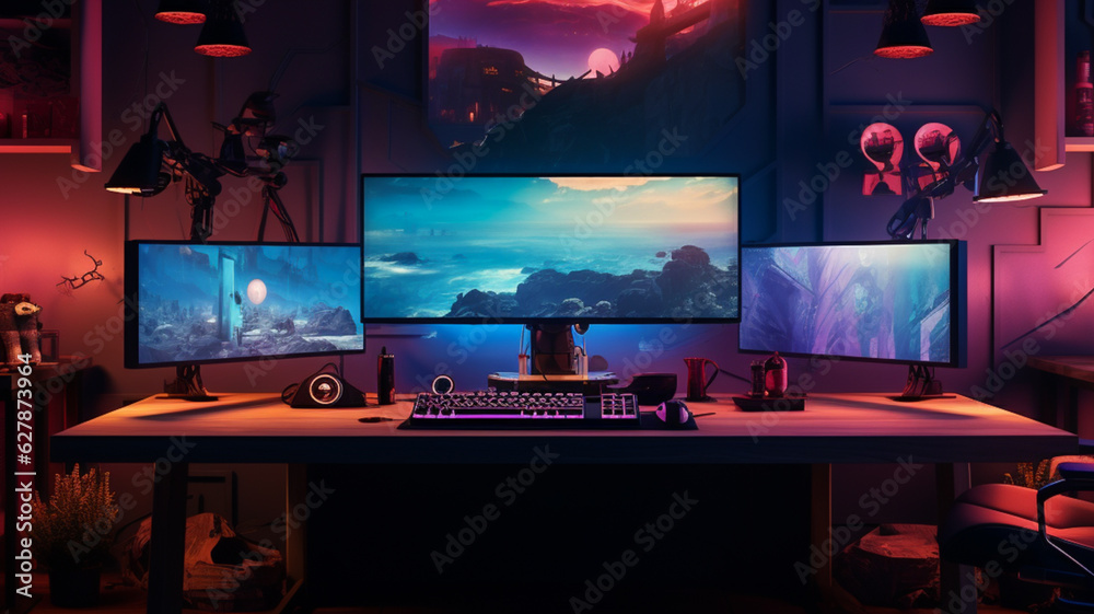 Gaming room with computer and wide monitor screen colorful neon lights ...