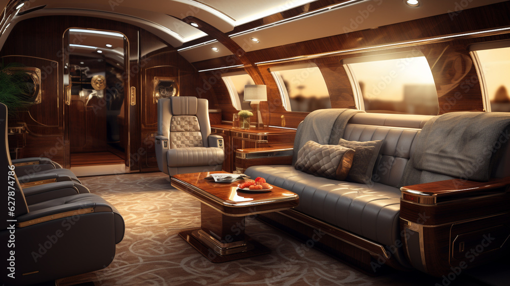 Luxury private jet indoor interior, seats and table, millionaire rich ...