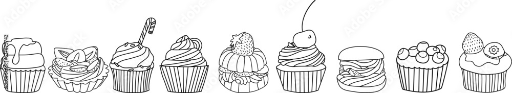 A set of various cakes, muffins and cupcakes offline. Minimalism, one continuous line, sketch ...