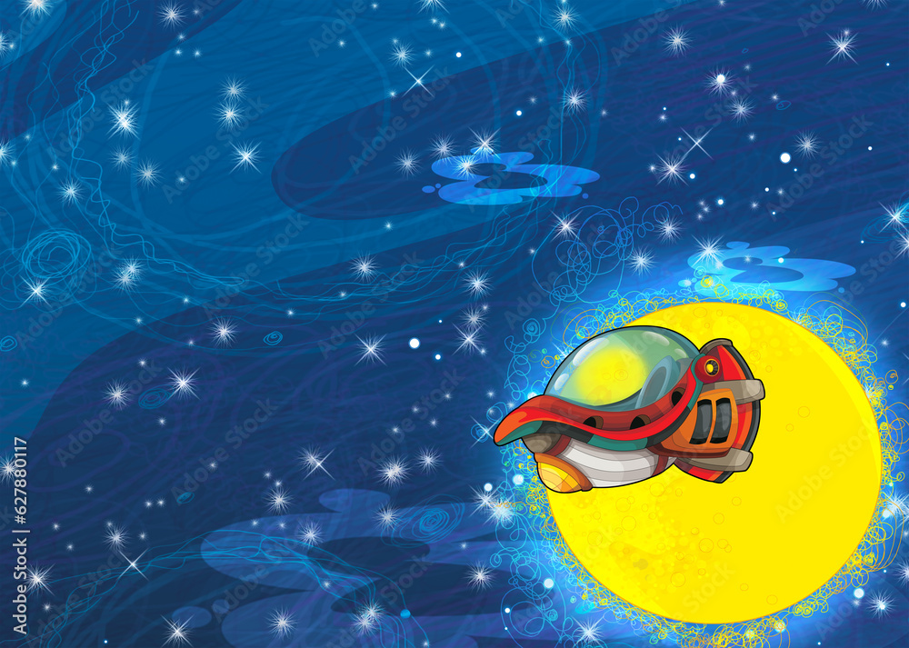 Cartoon funny colorful scene of cosmos galactic alien ufo space craft ...