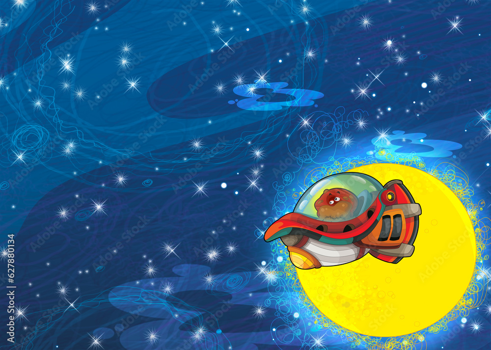 Cartoon funny colorful scene of cosmos galactic alien ufo space craft ...