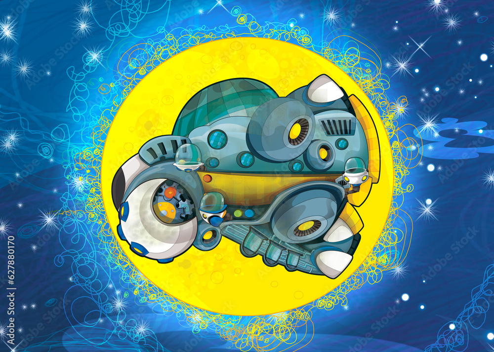 Cartoon funny colorful scene of cosmos galactic alien ufo space craft ...