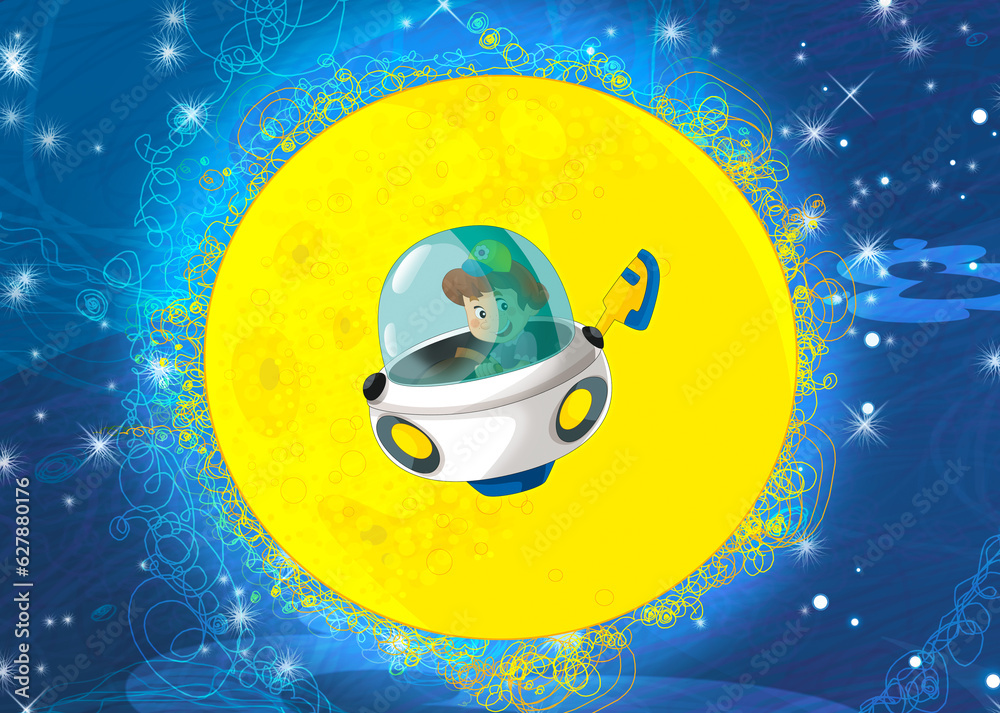 Cartoon funny colorful scene of cosmos galactic alien ufo space craft ...