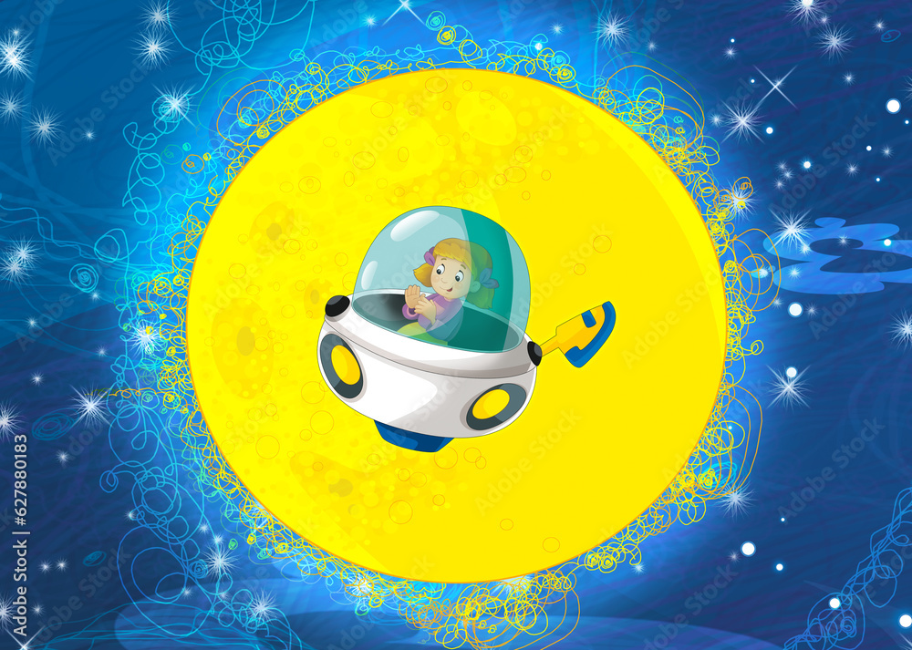 Cartoon funny colorful scene of cosmos galactic alien ufo space craft ...