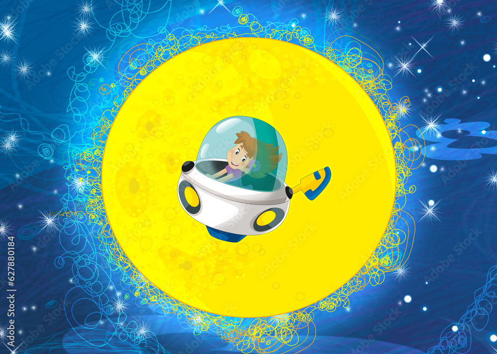 Cartoon funny colorful scene of cosmos galactic alien ufo space craft ...