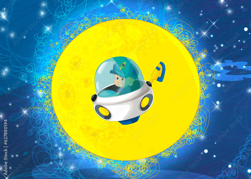 Cartoon funny colorful scene of cosmos galactic alien ufo space craft ...