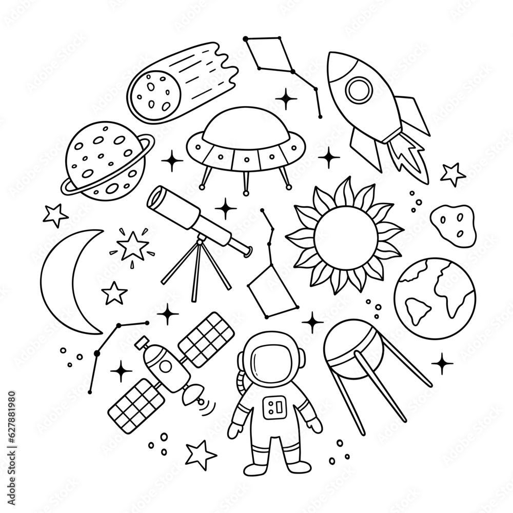 Space doodle set. Cosmic rocket, planets, telescope, astronaut, moon ...
