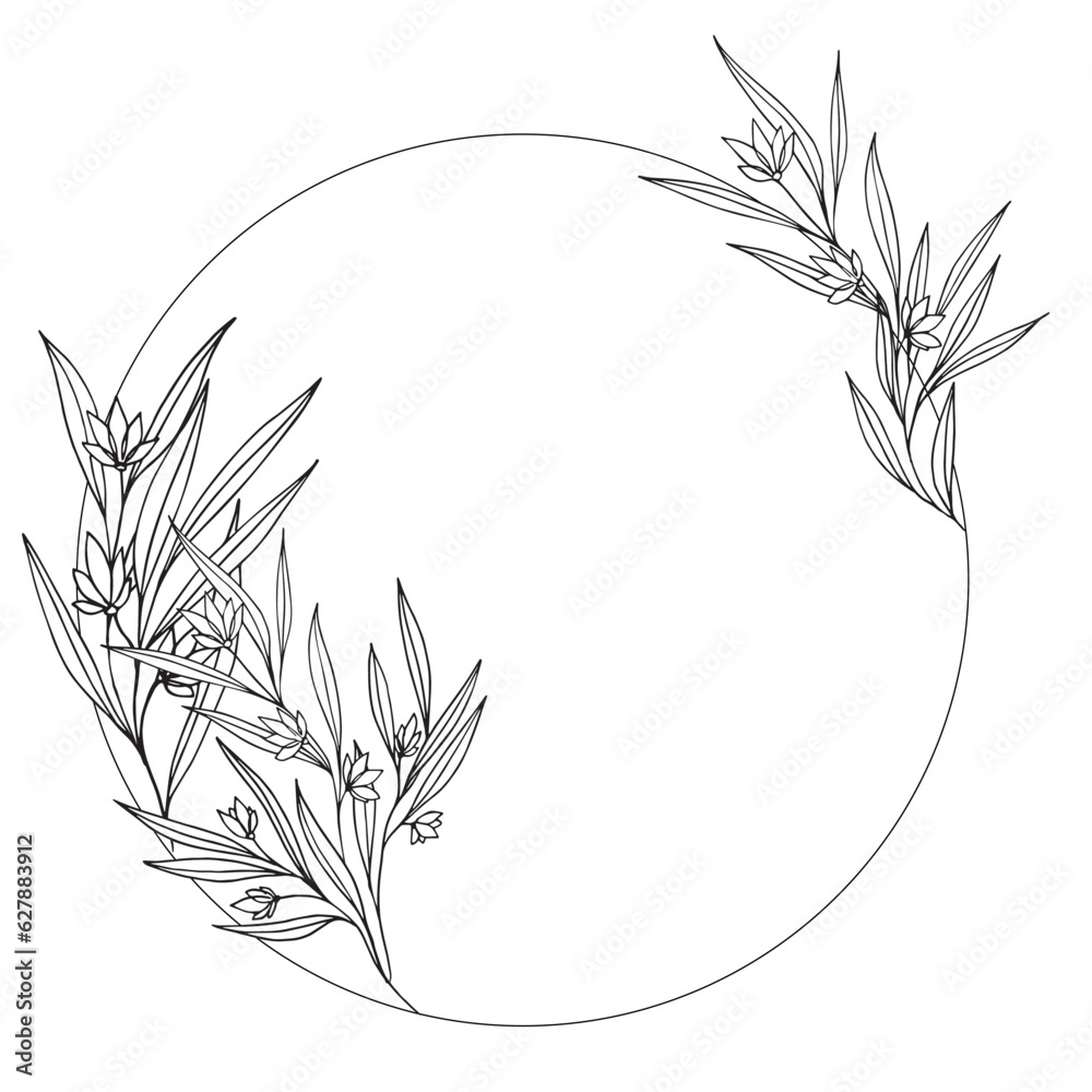 Vector hand drawn botanical circle frame with flowers. Elegant minimal ...
