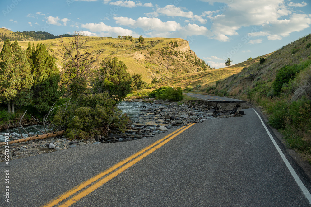 Washed Out Section Of Road In Yellowstone National Park Stock Photo ...