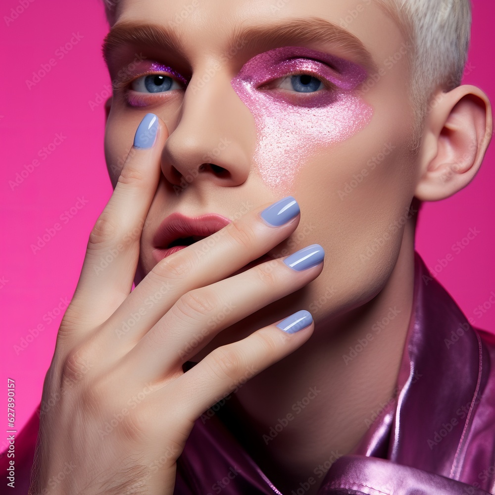 Androgynous man with made up face and painted fingernails Male Model ...