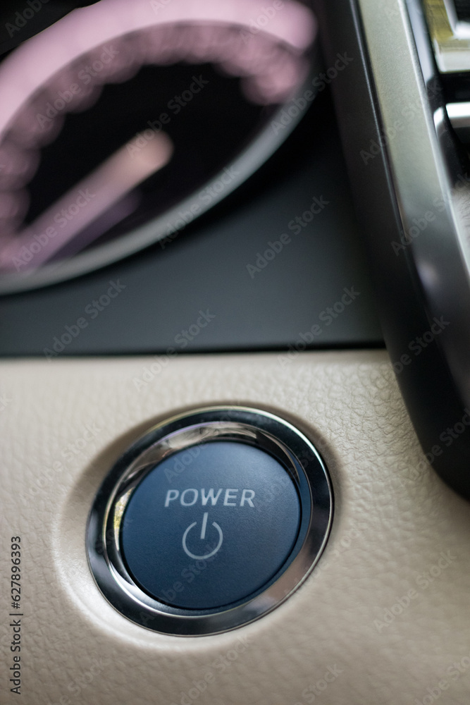 power button or engine start and stop button in modern car, on and off ...