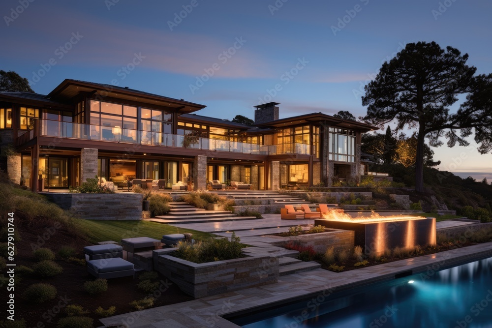 A twilight image capturing the pool, rear patio, and backyard showcases ...