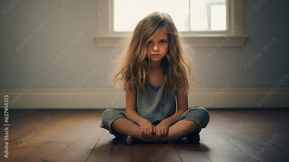 Sad little girl sitting on the floor.Stressed , sad and unhappy child ...