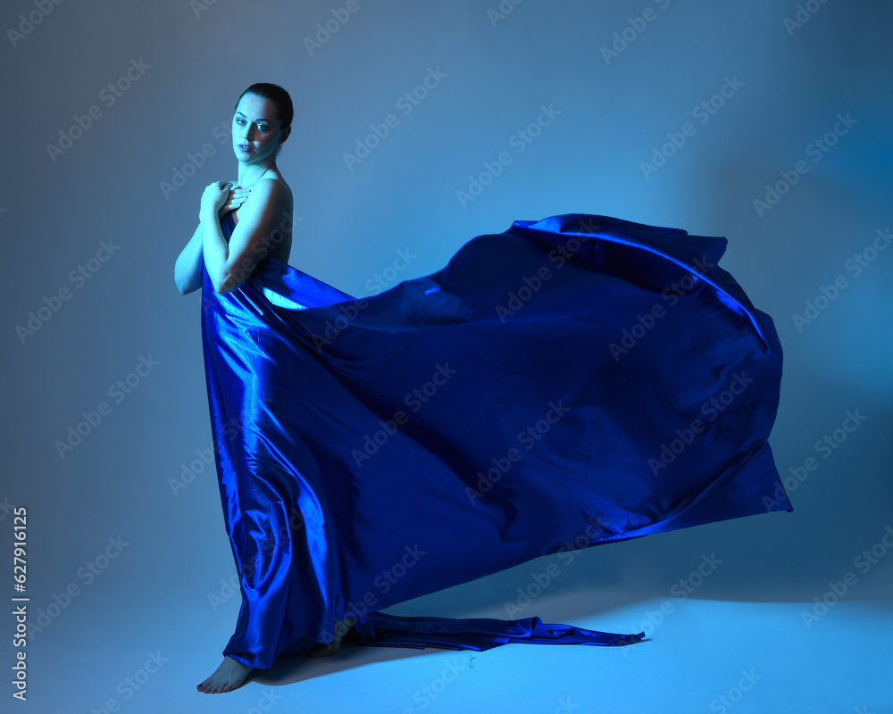 Full length portrait of beautiful female model wearing elegant flowing ...