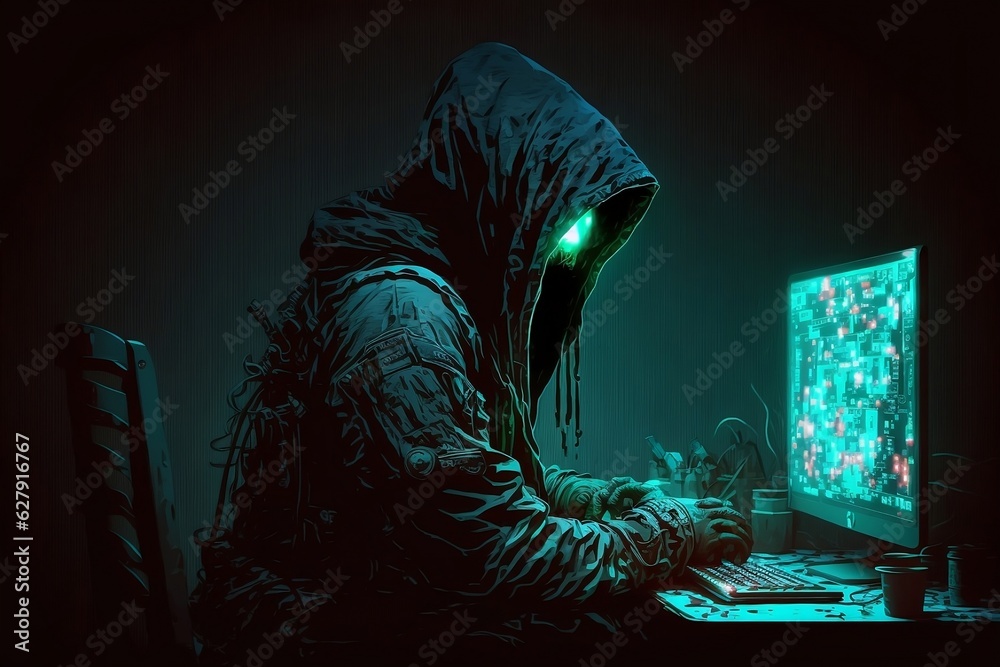 hacker front of his computer committing digital cybercrime, side view ...