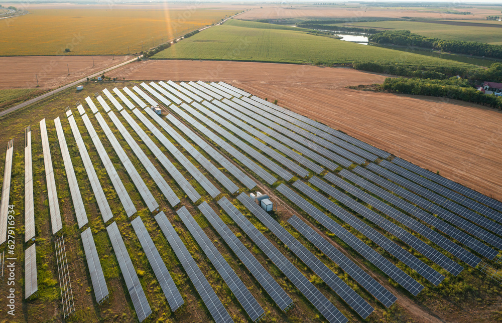 Solar panels farm. Aerial photo with a big photovoltaic energy plant ...