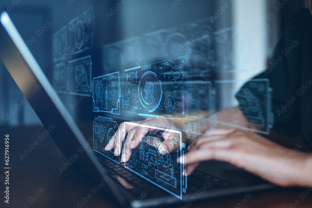 People hand touching computer keyboard with futuristic digital by ...