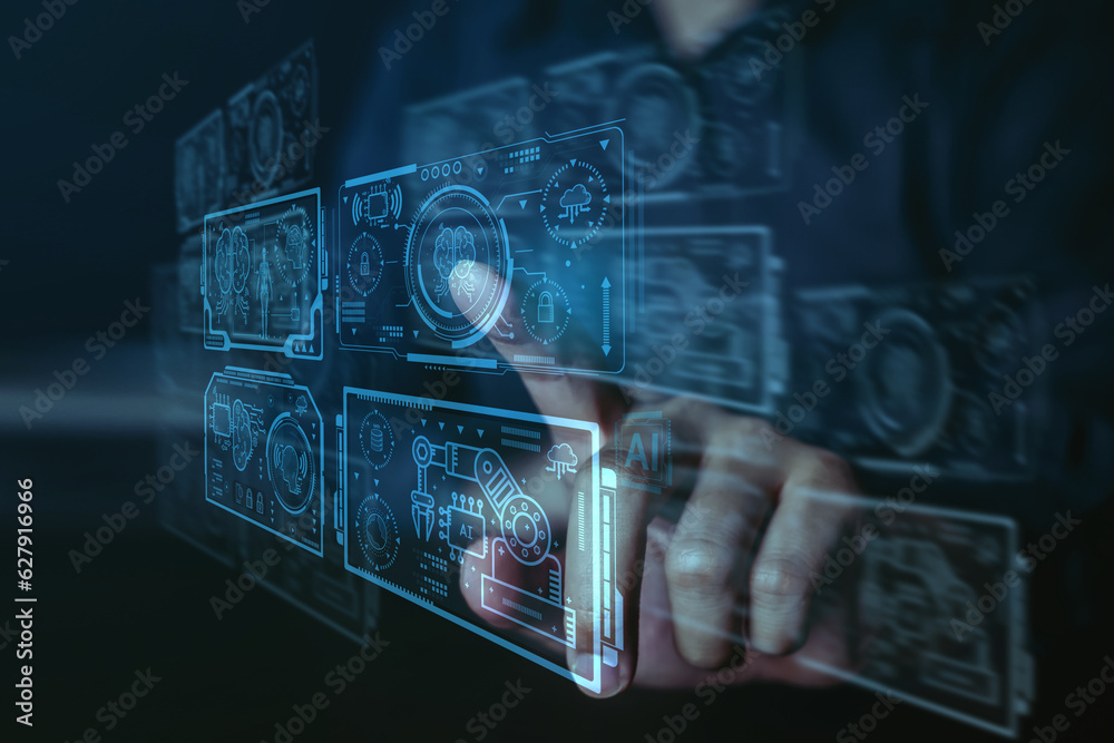 People hand touching with futuristic digital screen on a new project of ...