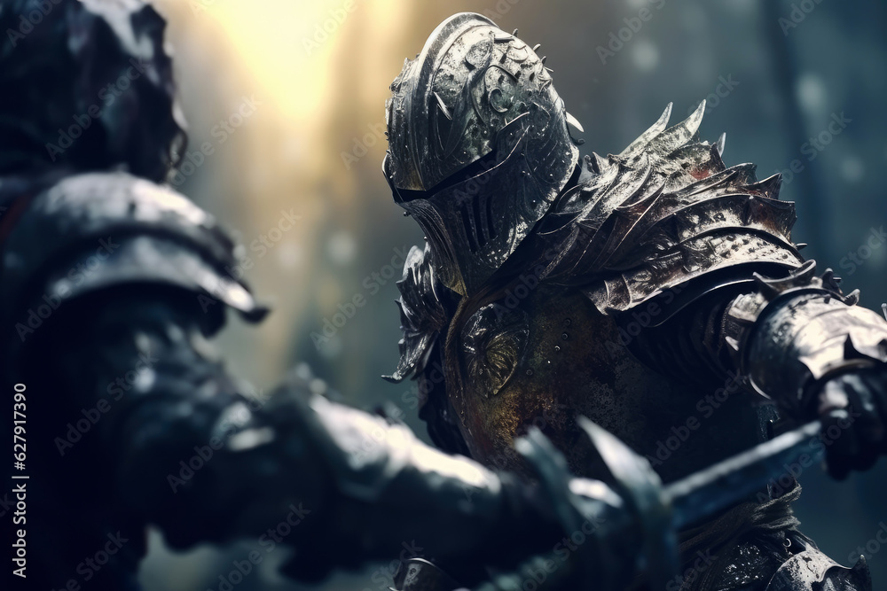 Battle scene of medieval warrior with steel armor and helmet costume in ...