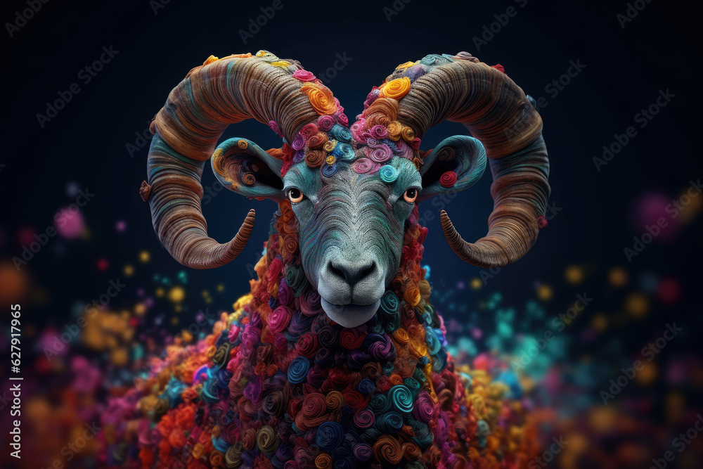 Abstract of Bighorn Ram or sheep portrait, Aries zodiac sign with multi ...