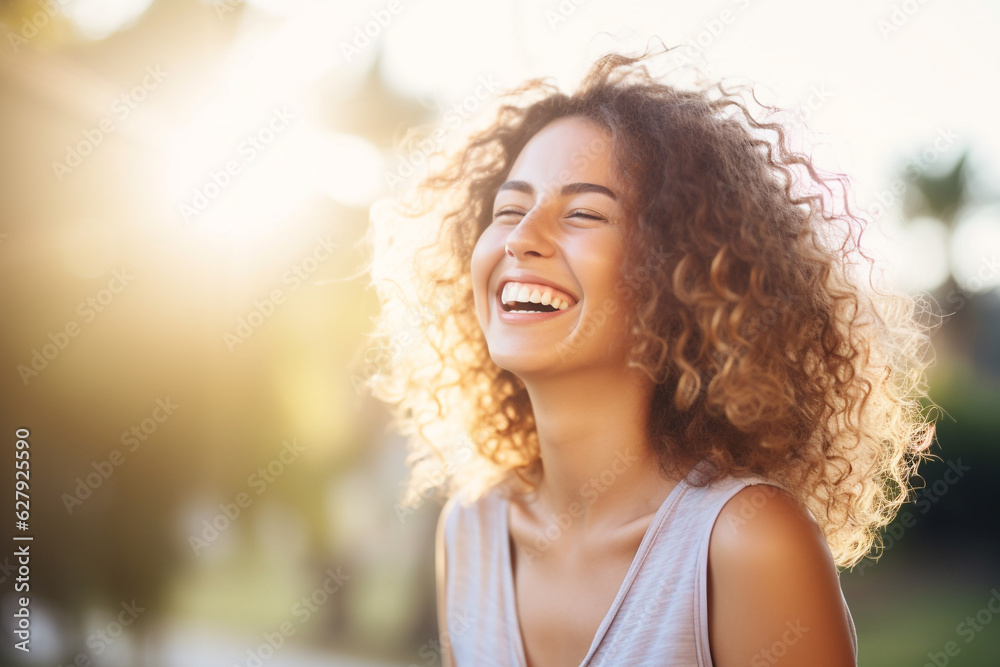 Infectious laughter - A joy-filled woman, eyes shut in pure amusement ...