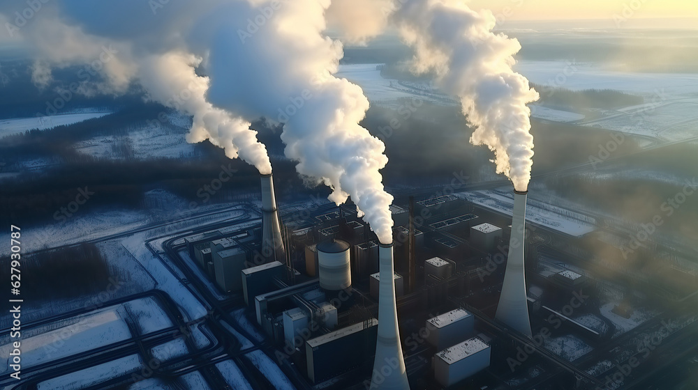 From an aerial perspective, the coal power plant's towering pipes ...