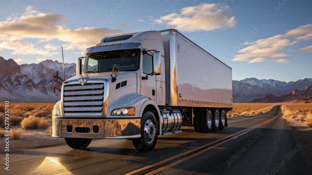 White industrial heavy commercial long haul semi-truck frozen cargo in ...