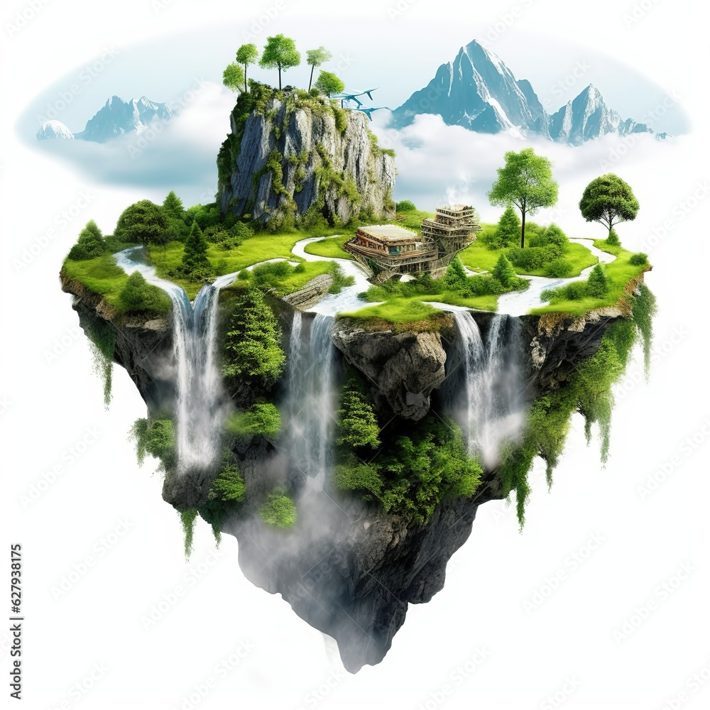 Fantasy heaven island with blue water and landscape with clouds ...