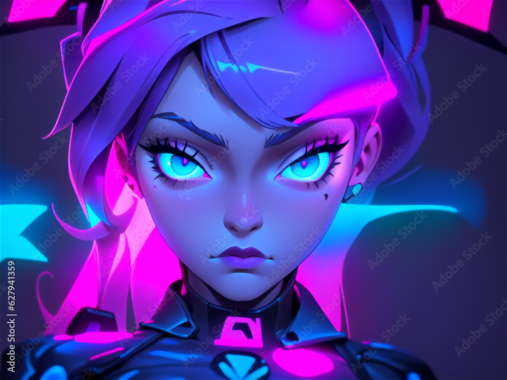 Anime girl waifu portrait in neon lights, veaporwave, synthwave, retro ...