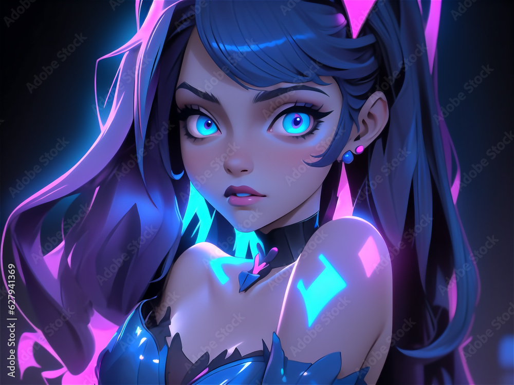 Anime Girl Waifu Portrait In Neon Lights Veaporwave Synthwave Retro Girl With Purple Hair