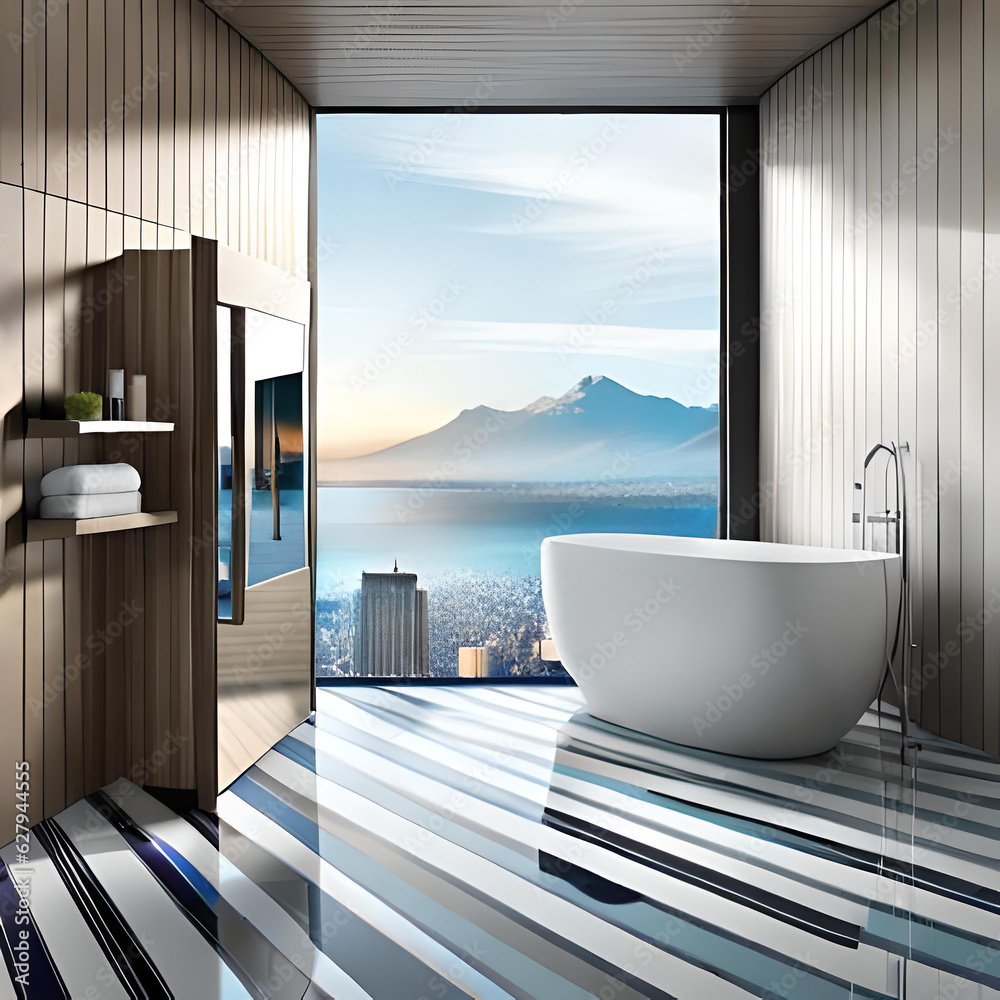 White bathroom interior with double sink and bathtub, side view ...