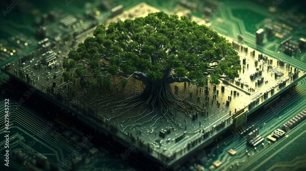 Green natural eco-friendly tree and computer technology on an abstract ...