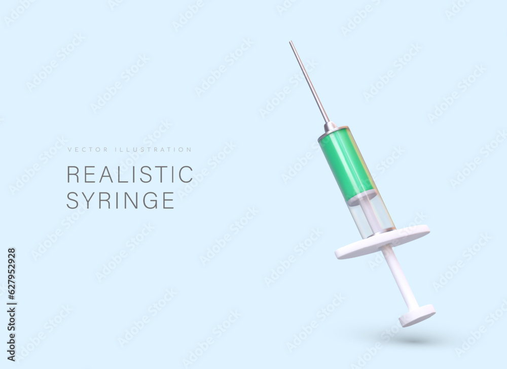 Realistic syringe with green liquid. Accessory for injections. Concept ...