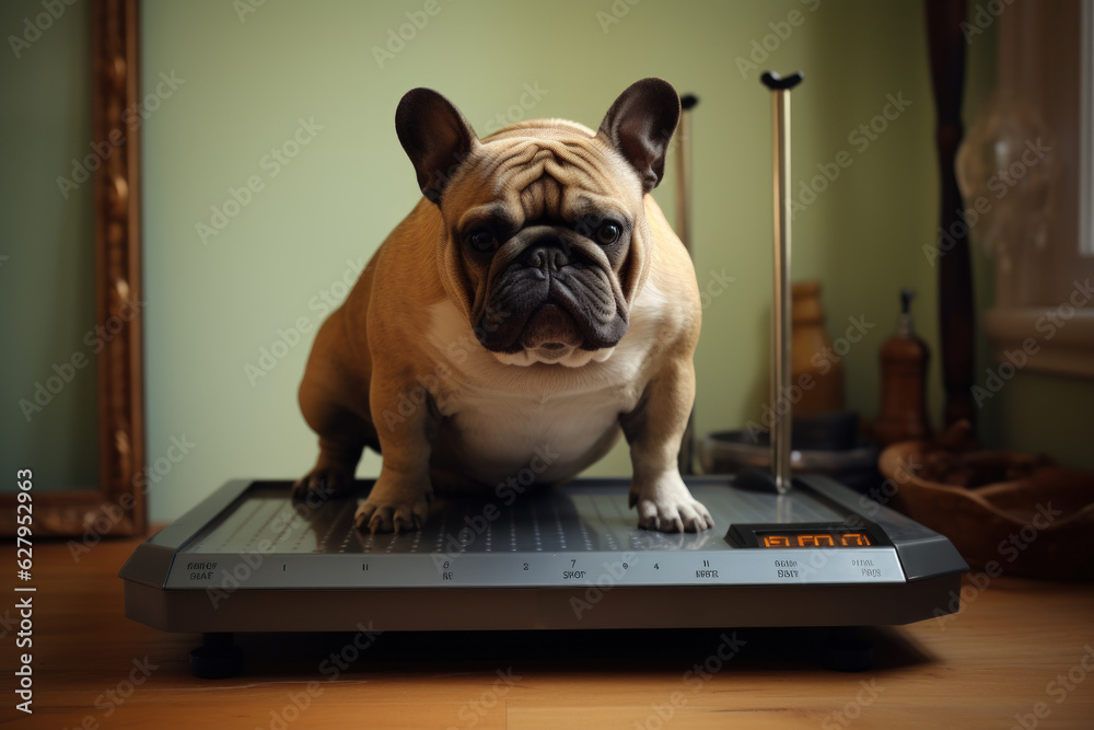 Foto de sad fat french bulldog on a weighing scale. Generative AI do ...