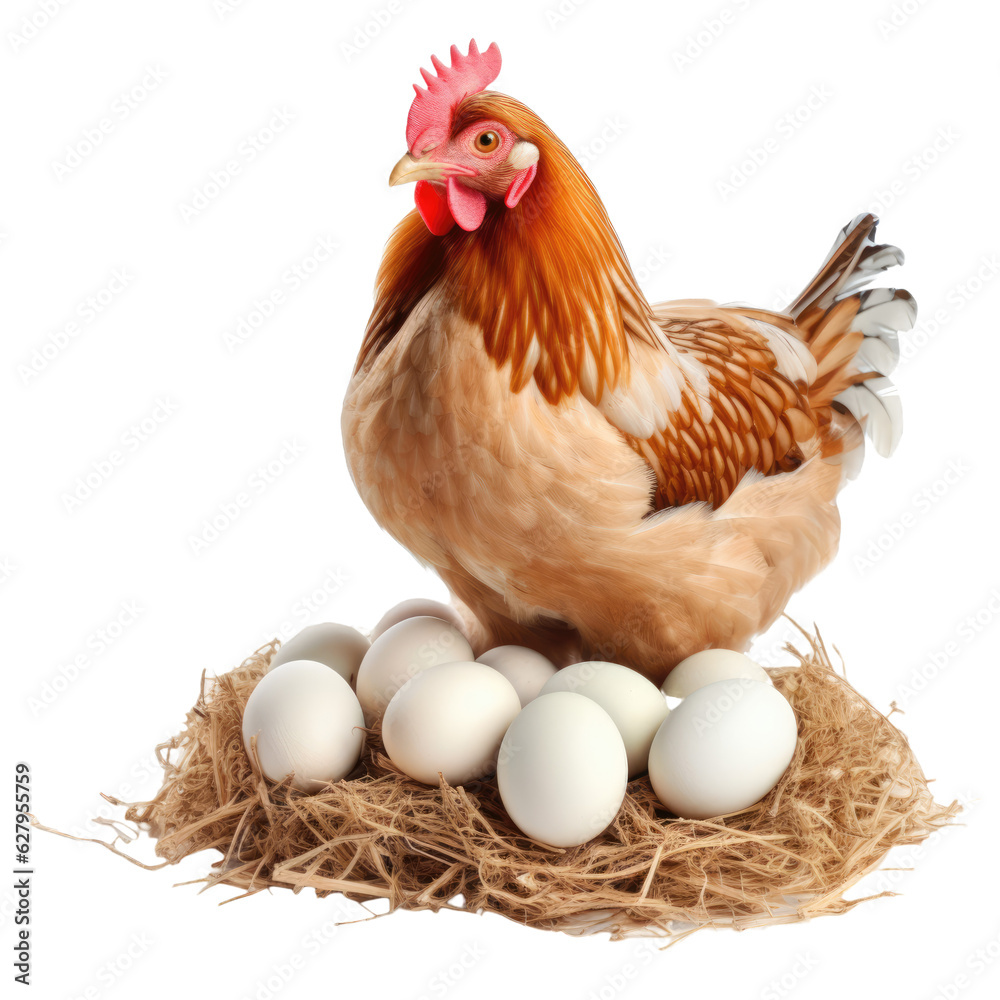 Illustration of hen with eggs on nest made of hay isolated on ...