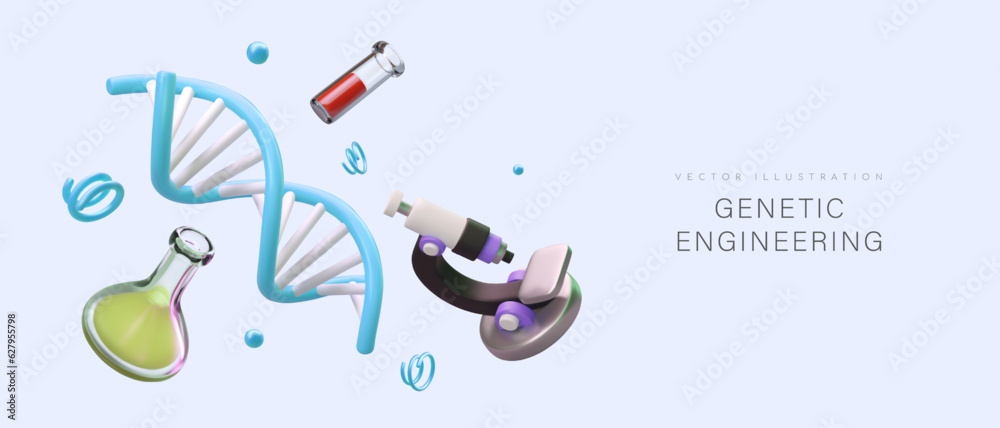 Realistic 3d DNA structure, different flask with liquids and microscope ...