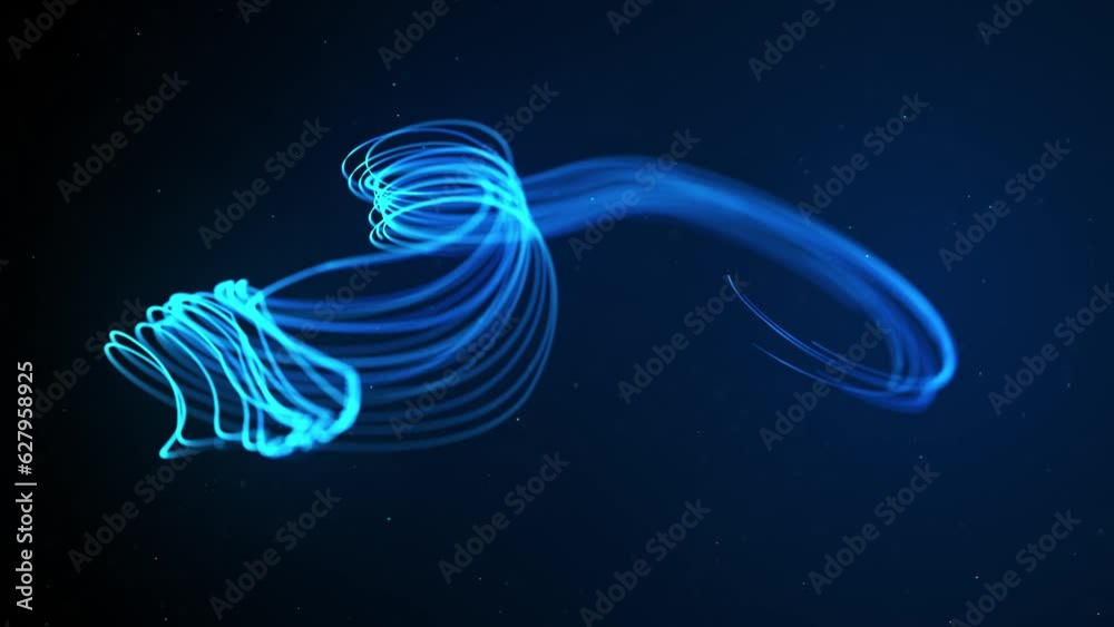 Bright neon glowing fast moving streams of light, along a trajectory ...