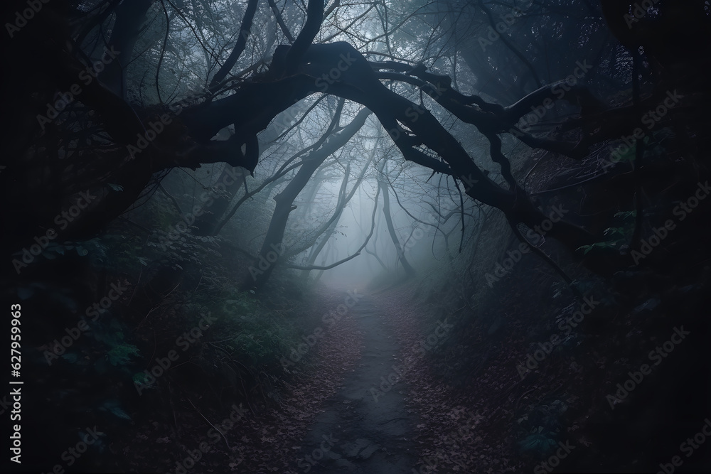 Misty forest path, with ethereal glow of ghostly apparitions, leading to an unknown and ...