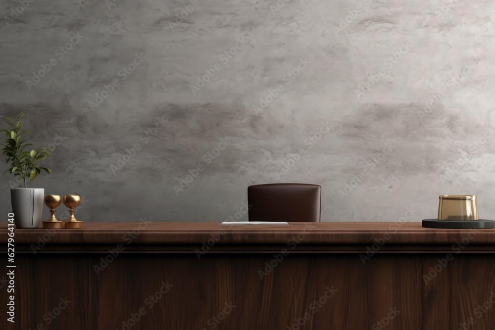 Front view Office desk with office tools, computer laptop on wood table ...