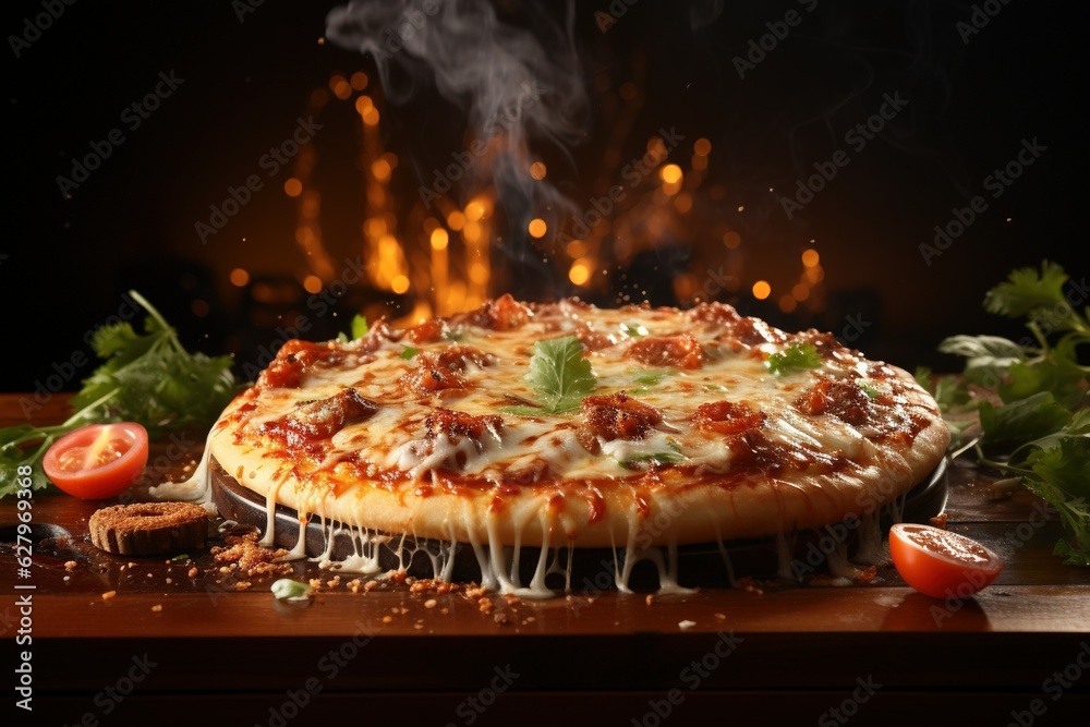 Creative layout of hot delicious pizza with smoke in flying on summer ...