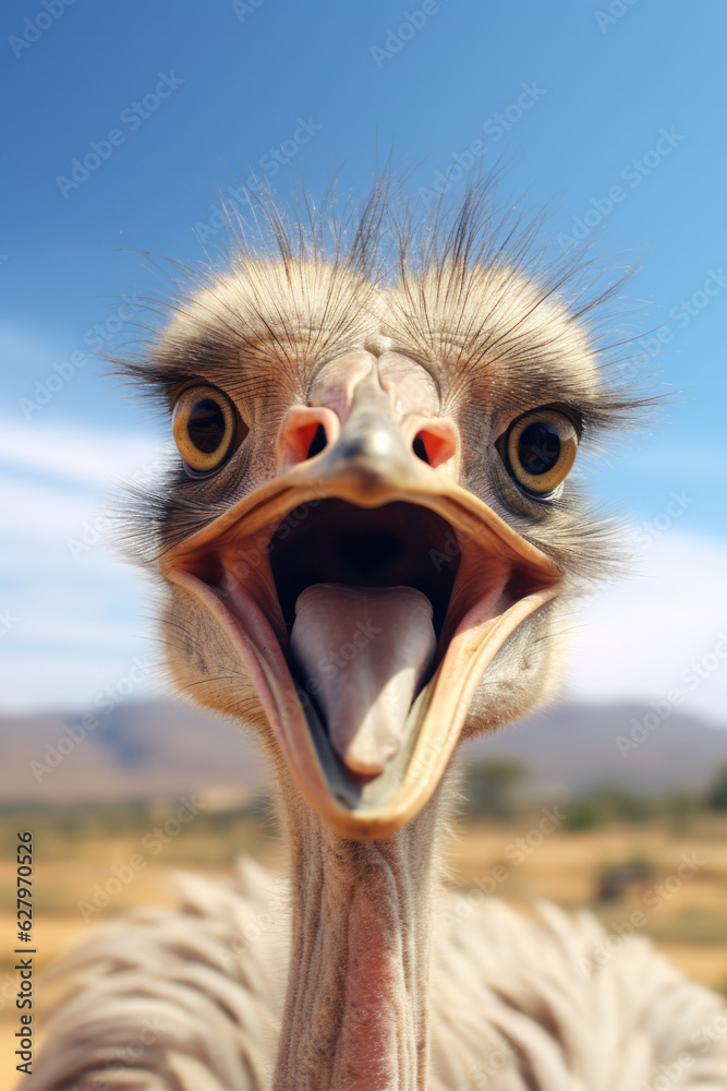 Head of ostrich on clear sky backdrop. Beak of ostrich. Portrait of ...