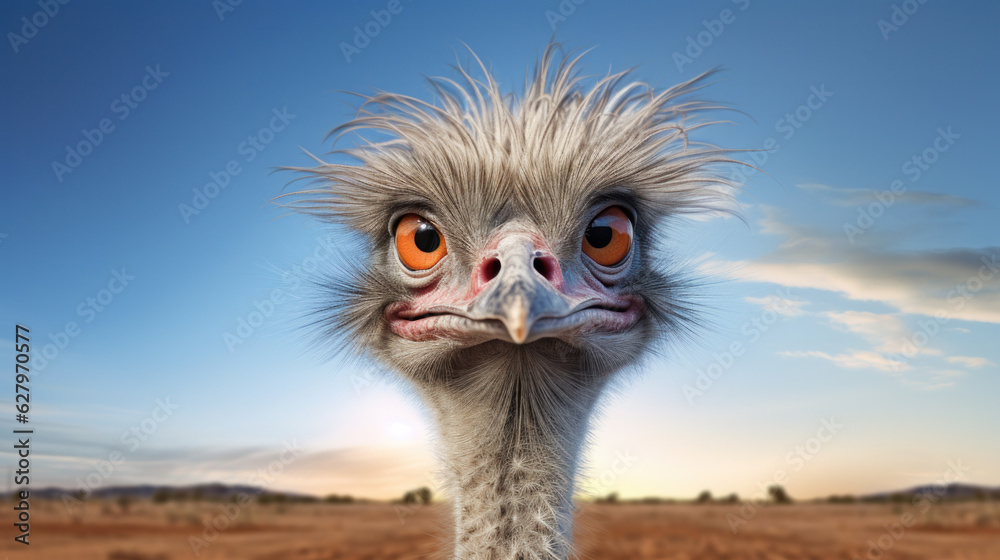 Head of ostrich on clear sky backdrop. Beak of ostrich. Portrait of ...