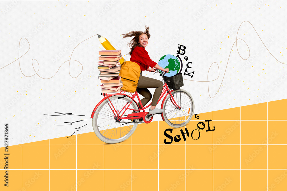 Creative collage of happy girl ride bicycle back to school pile stack ...