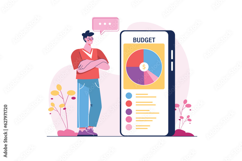 Budget planning concept with people scene in the flat cartoon design. A ...