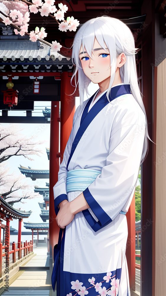 Japanese handsome anime young boy. Anime boy in white traditional dress ...